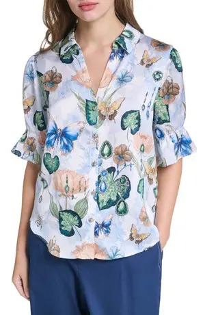 Karl Lagerfeld Paris Short Sleeve Ruffle Cuff Shirt - Soft White Multi