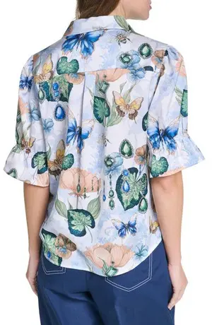 Karl Lagerfeld Paris Short Sleeve Ruffle Cuff Shirt - Soft White Multi