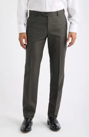 Berle Flat Front Serge Wool Dress Pants - Olive Brown