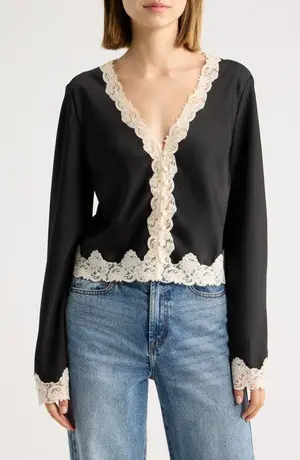 LoveShackFancy Fioretta Lace Trim V-neck Top - Black