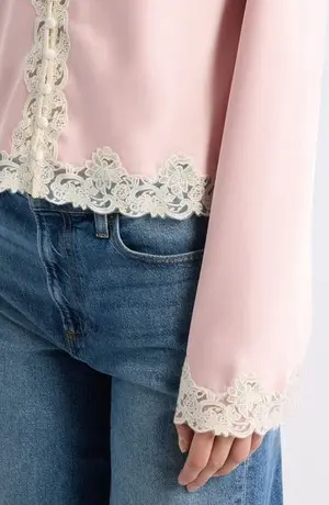 LoveShackFancy Fioretta Lace Trim V-neck Top - Pink