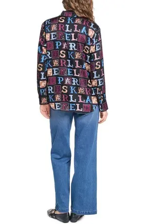 Karl Lagerfeld Paris Eiffel Tower Print Satin Button-up Shirt - Black Multi