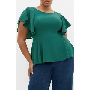 City Chic Romantic Mood Flutter Sleeve Peplum Top - Jade