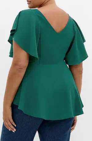 City Chic Romantic Mood Flutter Sleeve Peplum Top - Jade