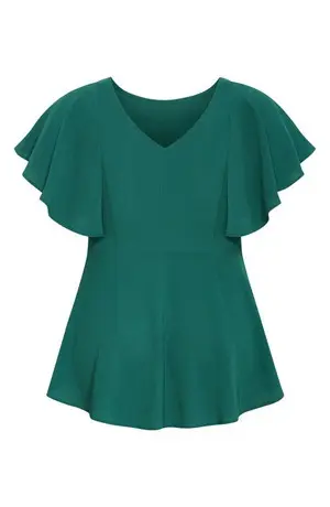 City Chic Romantic Mood Flutter Sleeve Peplum Top - Jade