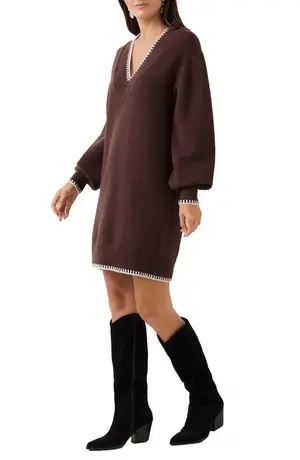 Karen Kane Varsity V-neck Long Sleeve Sweater Minidress