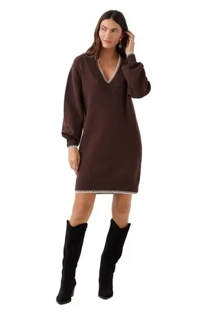 Karen Kane Varsity V-neck Long Sleeve Sweater Minidress