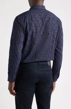 Johnston & Murphy Lane Print Cotton Button-up Shirt - Navy/brown Frond