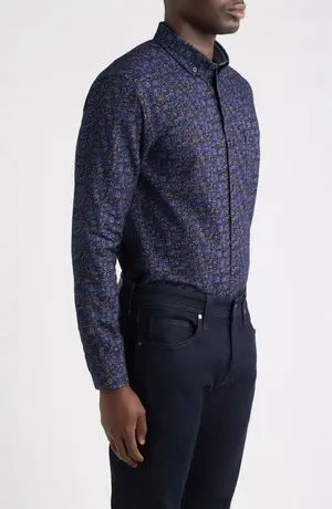 Johnston & Murphy Lane Print Cotton Button-up Shirt - Navy/brown Frond