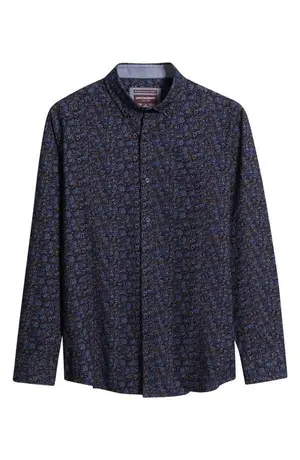 Johnston & Murphy Lane Print Cotton Button-up Shirt - Navy/brown Frond