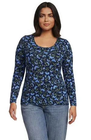 LANDS' END Long Sleeve Lightweight Jersey T-shirt - Deep Sea/blue Hydrangea