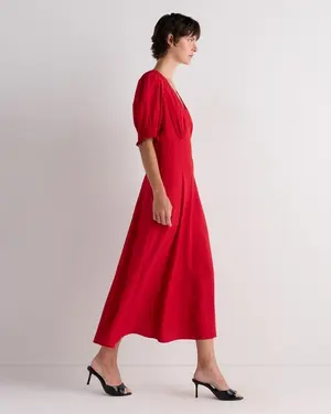 Quince Matte Crepe Puff Sleeve Midi Dress - Ruby Red