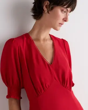 Quince Matte Crepe Puff Sleeve Midi Dress - Ruby Red