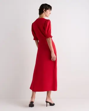 Quince Matte Crepe Puff Sleeve Midi Dress - Ruby Red
