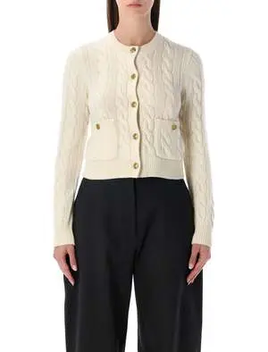 Polo Ralph Lauren Ribbed Crewneck Cable-knit Cropped Cardigan With Brass Button Placket - Bianco