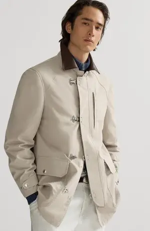 Brunello Cucinelli Water-resistant Microfiber Outerwear Jacket With Hook Fastening And Nappa Leather Inserts