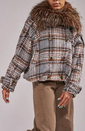 AZALEA WANG Linnea Plaid Bomber Jacket With Faux Fur Trim