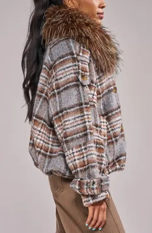 AZALEA WANG Linnea Plaid Bomber Jacket With Faux Fur Trim