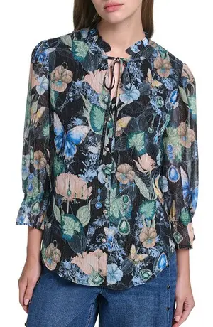 Karl Lagerfeld Paris Ruffle Collar Printed Shirt - Black/multi