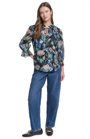 Karl Lagerfeld Paris Ruffle Collar Printed Shirt - Black/multi