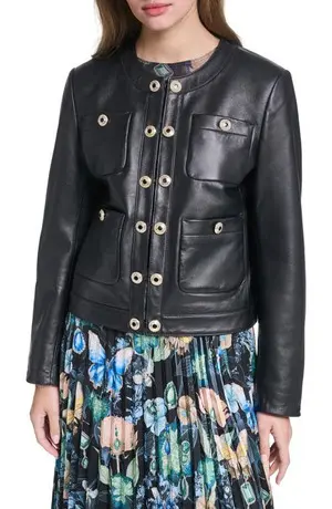 Karl Lagerfeld Paris Collarless Leather Jacket With Patch Pockets - Black