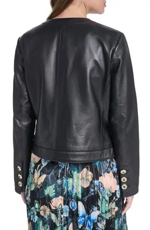 Karl Lagerfeld Paris Collarless Leather Jacket With Patch Pockets