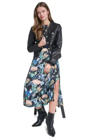 Karl Lagerfeld Paris Collarless Leather Jacket With Patch Pockets