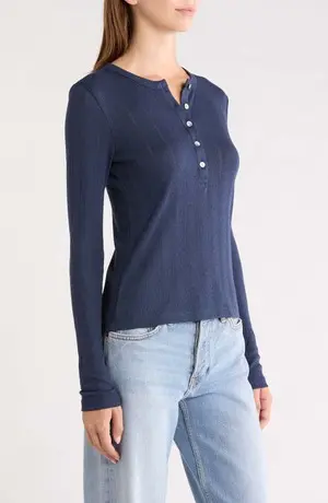 Marine Layer Pointelle Henley Long Sleeve Top - Twilight