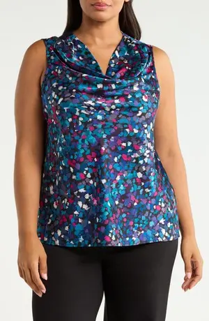 KASPER Pleated Cowl Neck Top - Black Multi