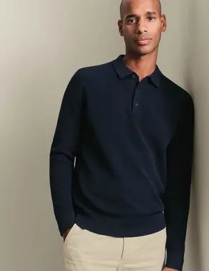 CHARLES TYRWHITT Knit Texture Long Sleeve Cotton Polo - Navy