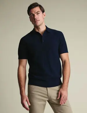 CHARLES TYRWHITT Stripe Texture Short Sleeve Knitted Cotton Polo - Navy