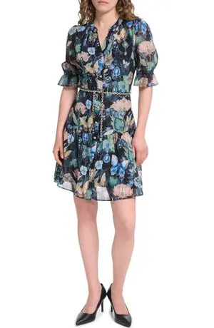Karl Lagerfeld Paris Metallic Crinkled Ruffled Dress