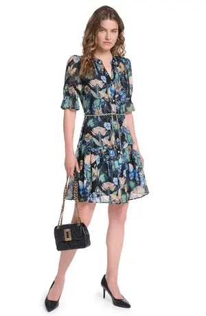 Karl Lagerfeld Paris Metallic Crinkled Ruffled Dress