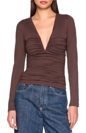 Susana Monaco Ruched Plunge V-neck Long Sleeve Top - Java