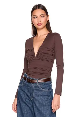 Susana Monaco Ruched Plunge V-neck Long Sleeve Top - Java