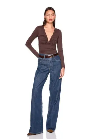 Susana Monaco Ruched Plunge V-neck Long Sleeve Top - Java