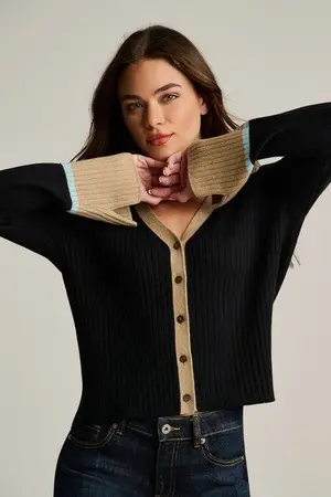 Lisa Todd Cotton Cashmere Ribbed V-neck Cardigan With Contrast Details - Black
