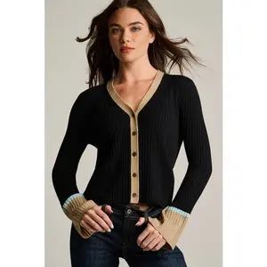 Lisa Todd Cotton Cashmere Ribbed V-neck Cardigan With Contrast Details - Black