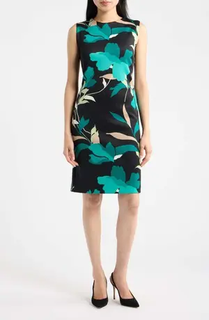 Anne Klein Sleeveless Floral Sheath Dress - Deep Jade Multi
