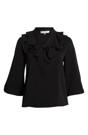 KASPER Ruffled Tie-front Long Sleeve Blouse - Black