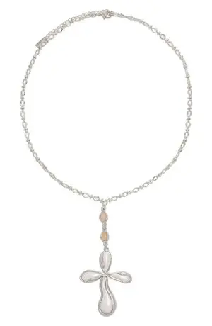 PETIT MOMENTS Amulet Imitation Pearl Cross Pendant Necklace - Silver