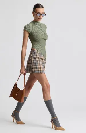 Avec Les Filles Radial Rib Asymmetric Mock Neck Top