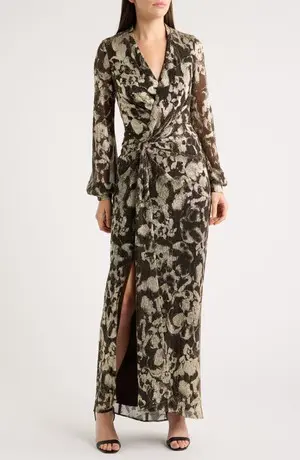 Betsy & Adam V-neck Crinkle Metallic Floral Maxi Dress - Brown/gold