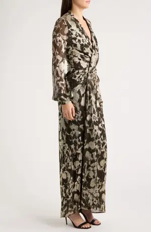 Betsy & Adam V-neck Crinkle Metallic Floral Maxi Dress
