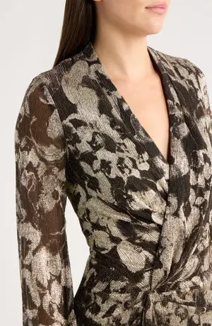 Betsy & Adam V-neck Crinkle Metallic Floral Maxi Dress