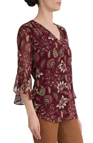 Jones New York Floral V-neck Flutter Sleeve Top