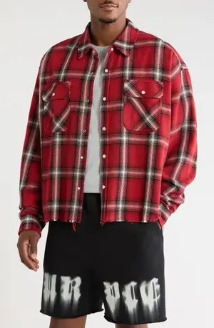 PURPLE BRAND Cropped Raw Edge Flannel Shirt - White Multi