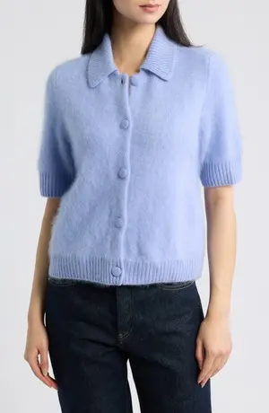 Rag & Bone Brushed Cashmere Short Sleeve Cardigan - Light Blue