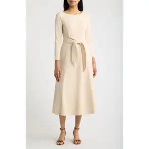 Anne Klein Tie Waist Scuba Crepe Midi Dress - Macadamia