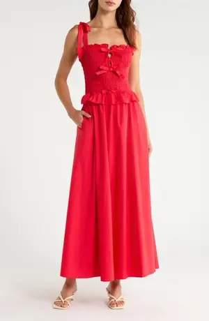 SUGARLIPS Neve Ruffle Smocked Maxi Dress Red